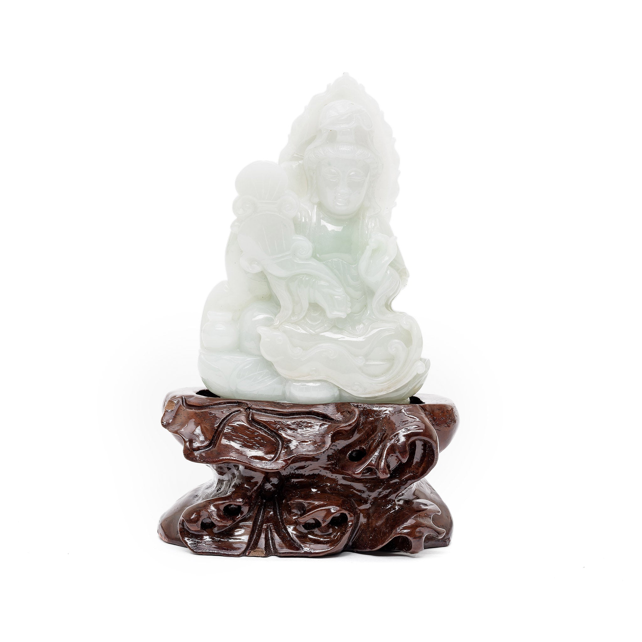Jade Guan Yin Sculpture – Seated with Mini Urn on Wood Base – Regis Galerie