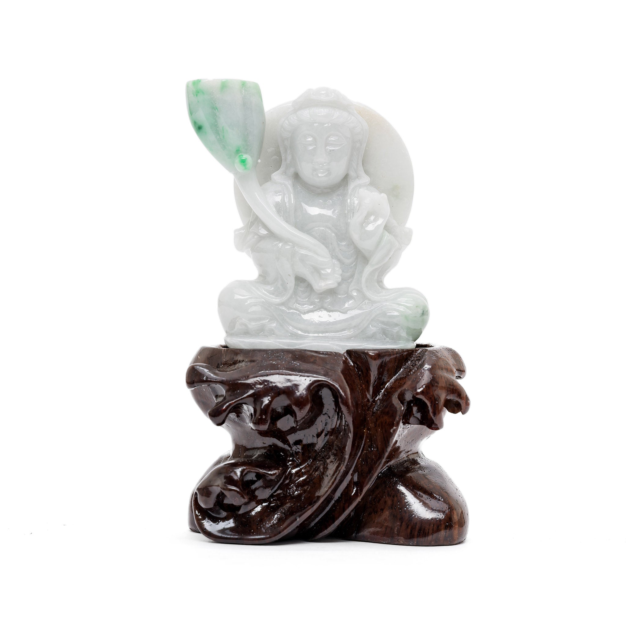 Small Jade Guan Yin Sculpture – Floral Scepter on Wood Base – Regis Galerie