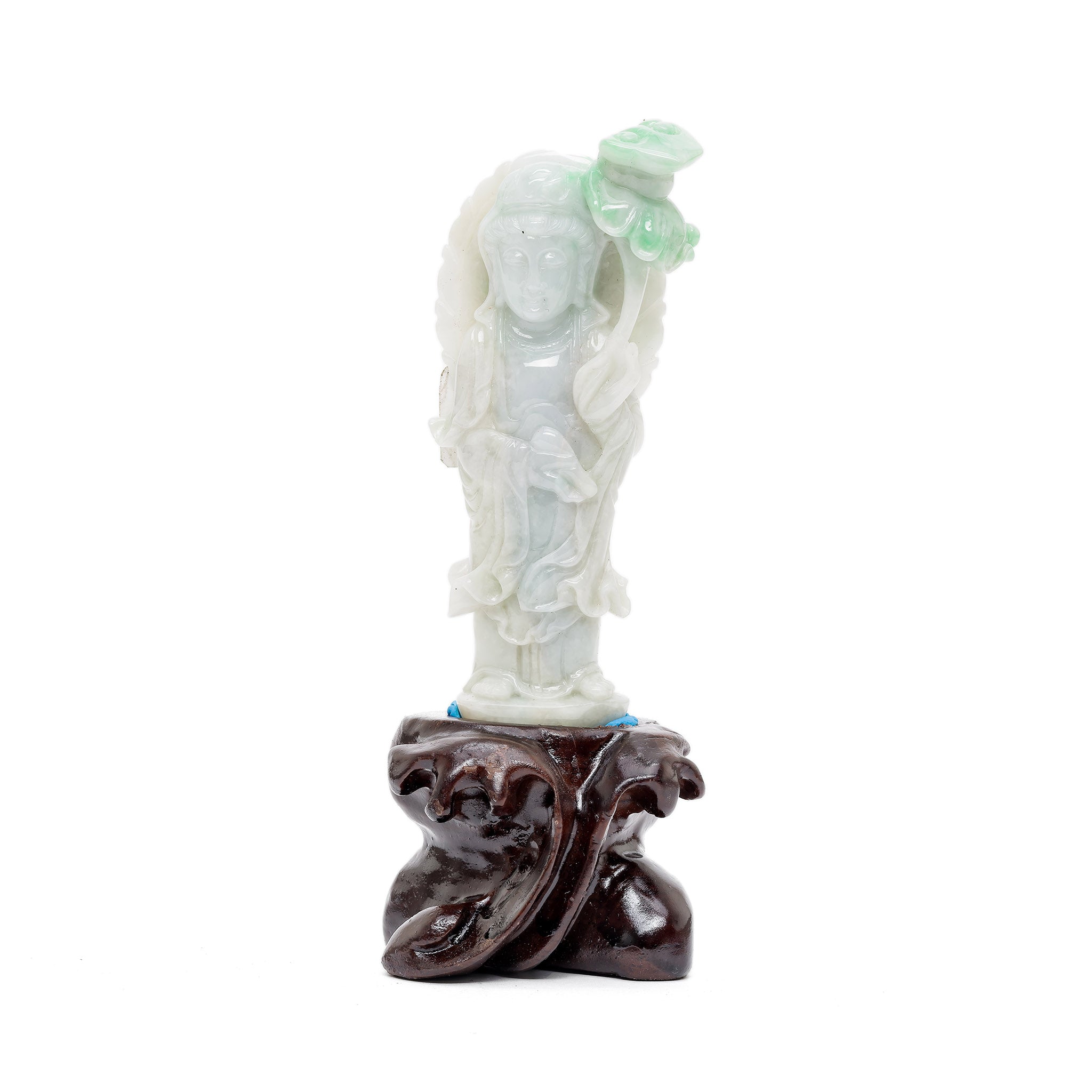 Standing Jade Guan Yin Sculpture – Floral Scepter on Wood Base – Regis Galerie