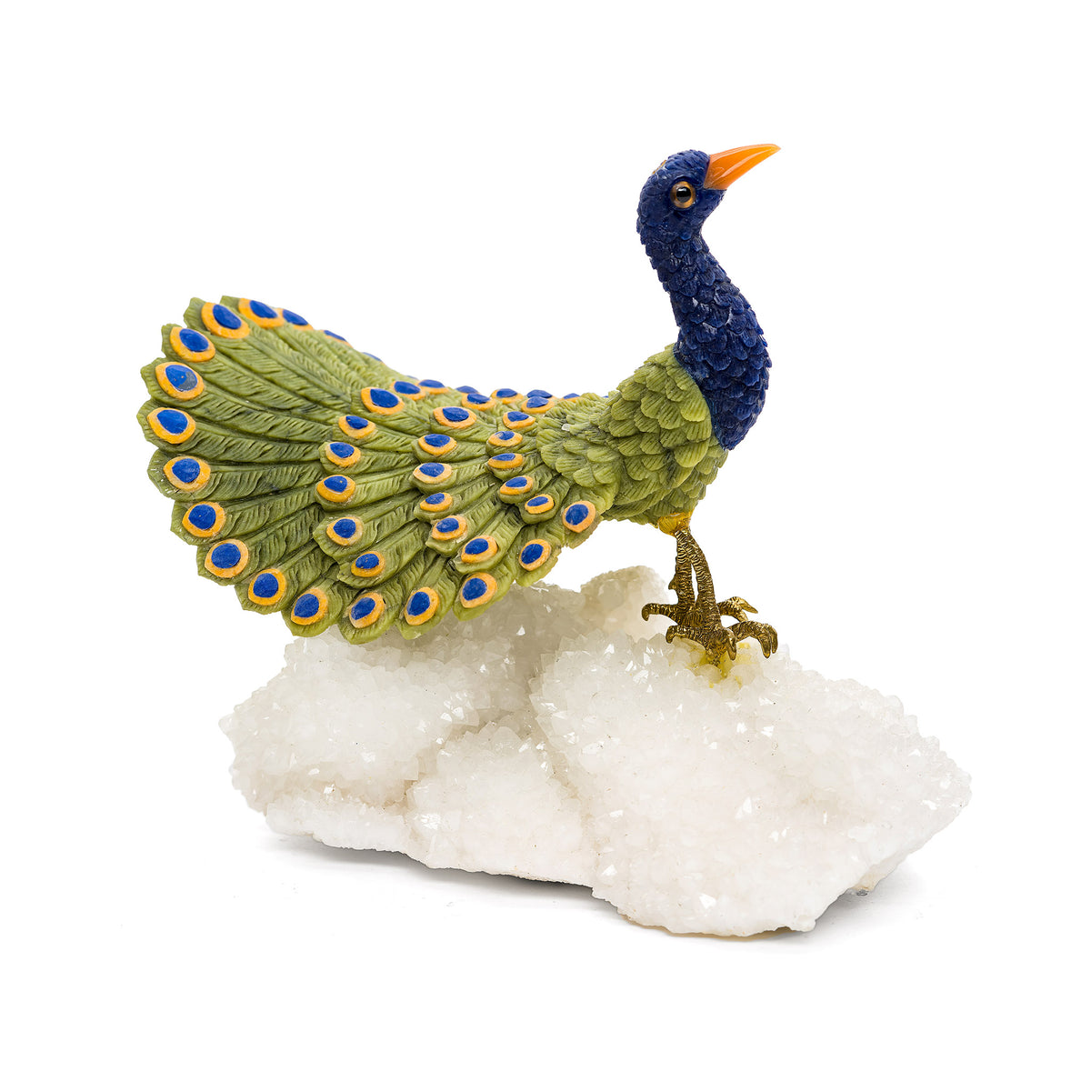 Exquisite Lapis and Jade Peacock Sculpture - Elegant Semi-Pr