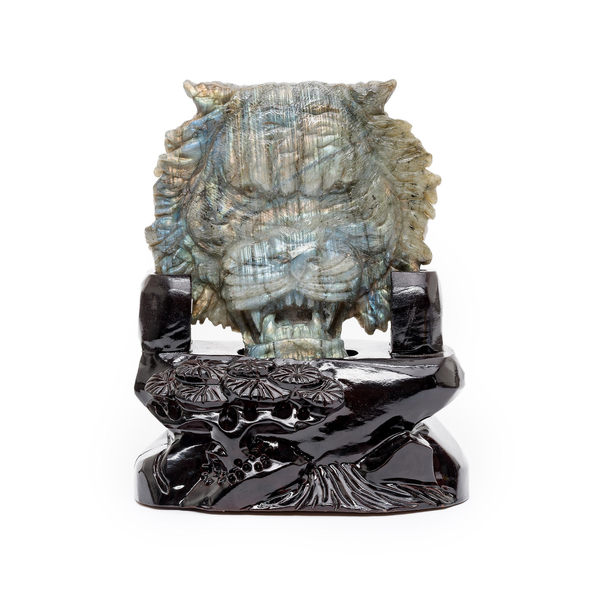 Labradorite Tiger Head Sculpture – Bold Gemstone Art – Regis Galerie