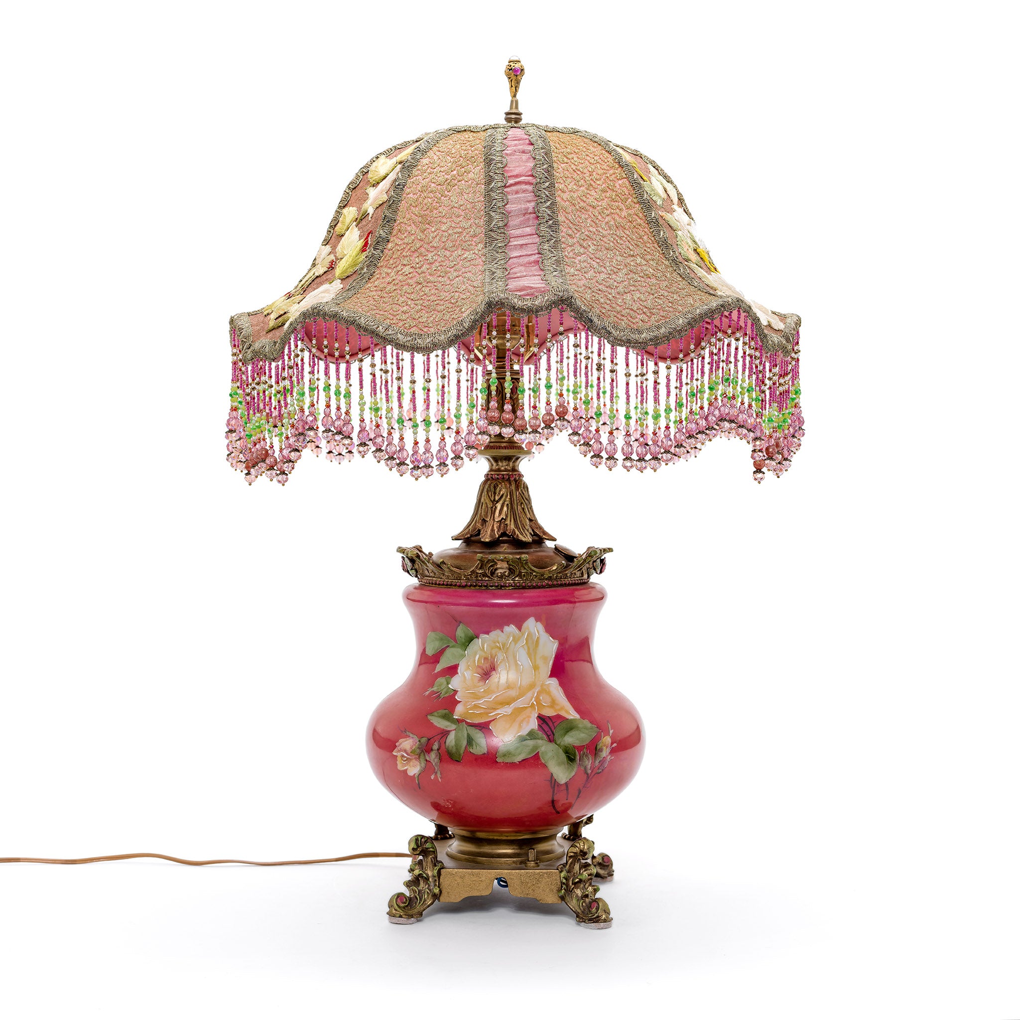 Antique Floral Hand Embroidered Lamp - Vintage Hand-Painted Rose Light ...