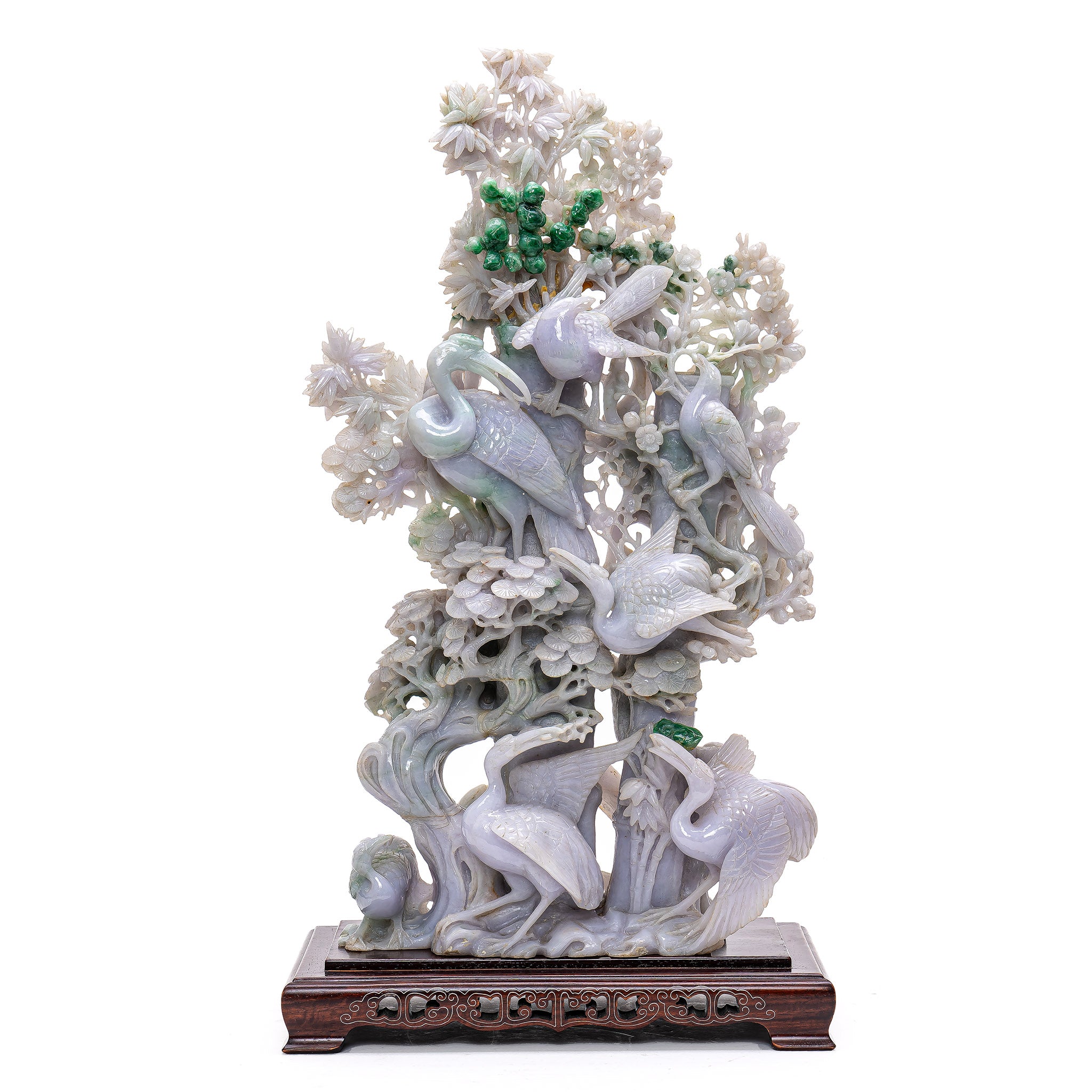 Elegant Hand-Carved Jade Crane & Pine Sculpture – Regis Galerie