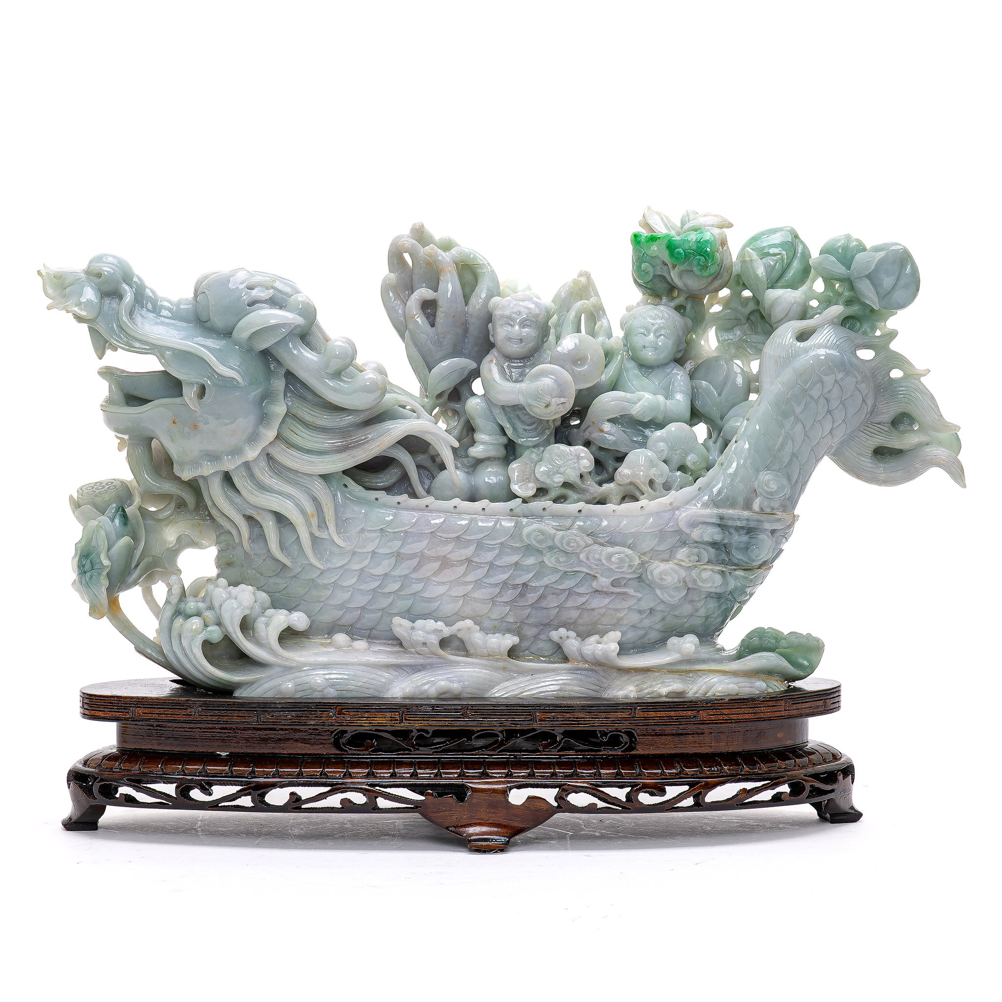 Jade Dragon Boat Large Spinach Green Jade Dragon Boat With Large Sail
