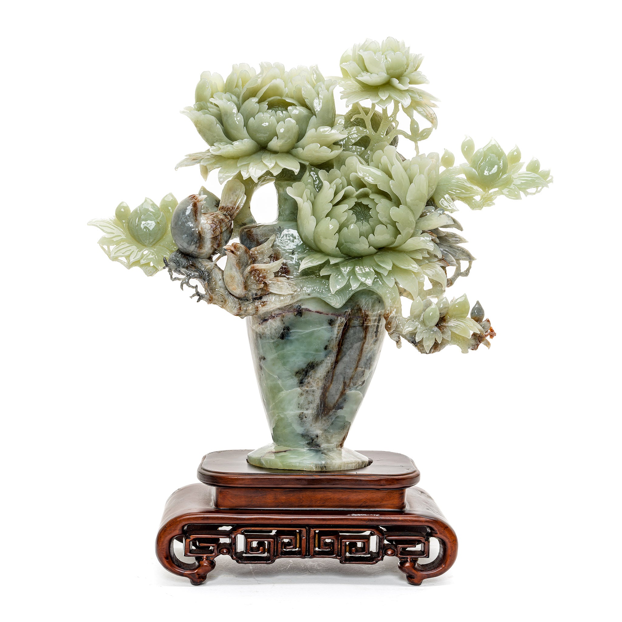 Hand Carved Agate Peony and Bird Sculpture - Symbol of Prosperity ...