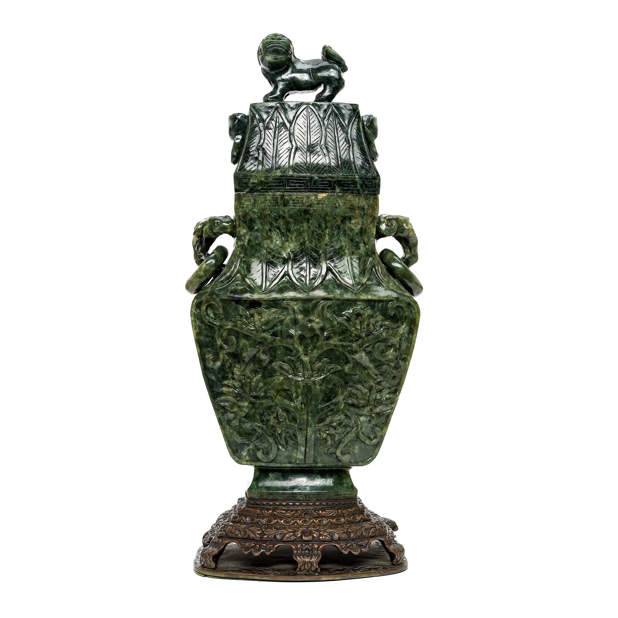 Exquisite Spinach Jade Urn with Bronze Base – Regis Galerie