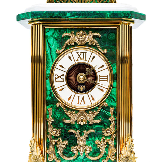 Luxurious Archimede Malachite Clock with Gold Plated Bronzes