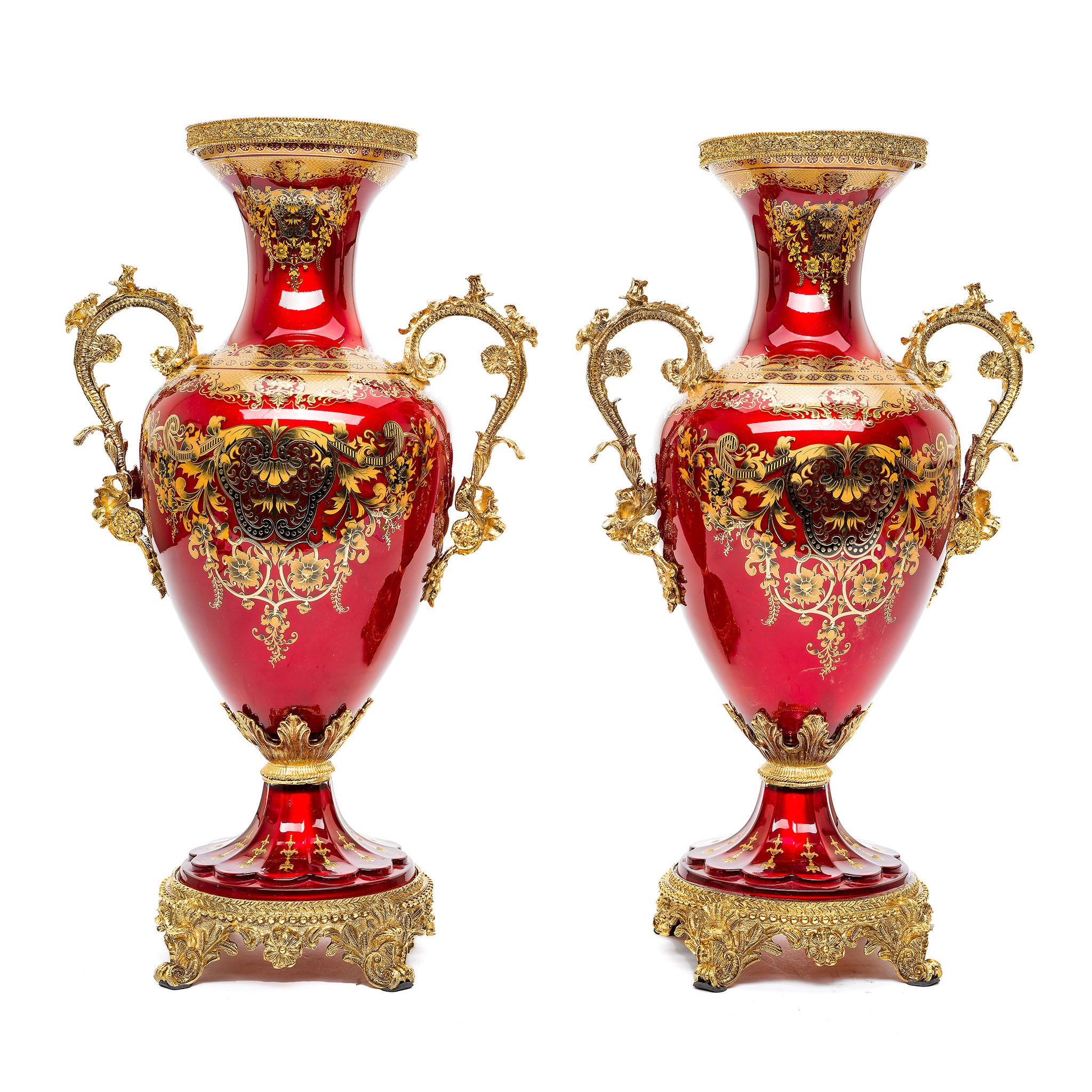 Opulent Pair of Glazed Crystal Vases with 24kt Gold Overlay and Bronze ...