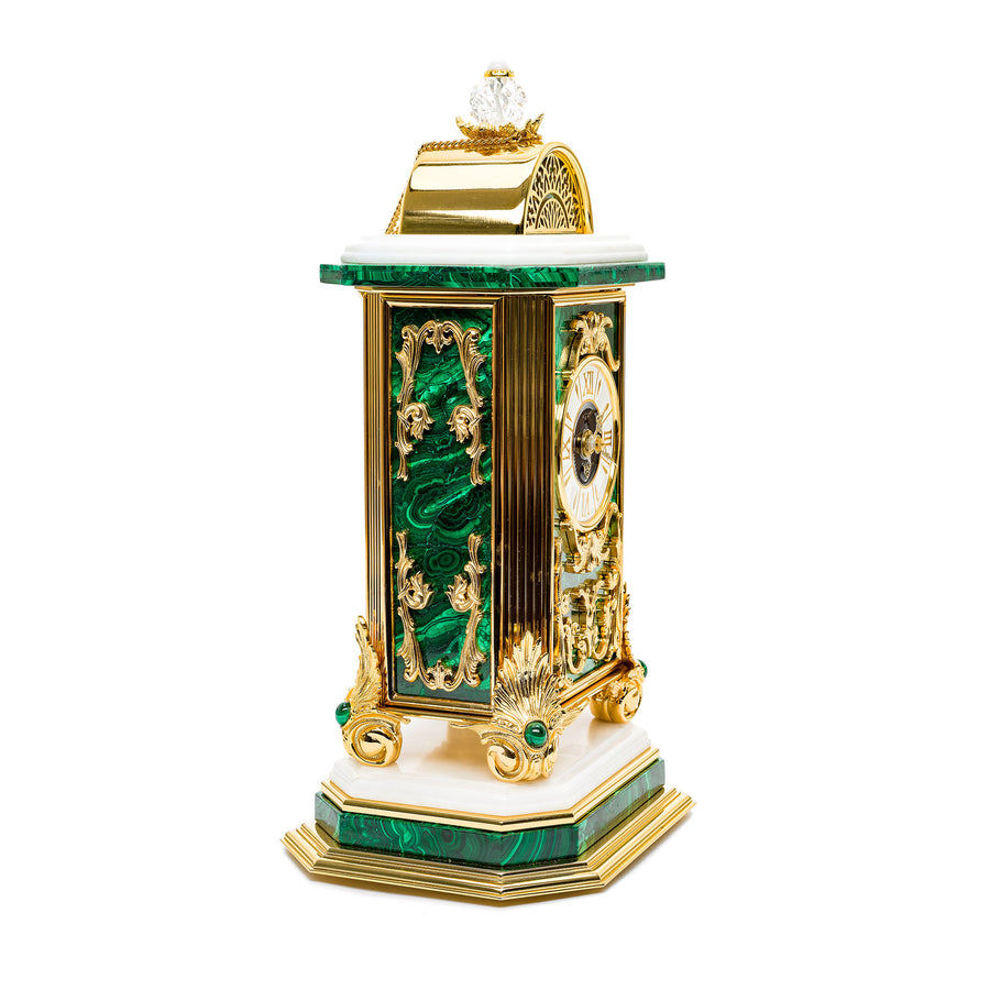 Luxurious Archimede Malachite Clock with Gold Plated Bronzes