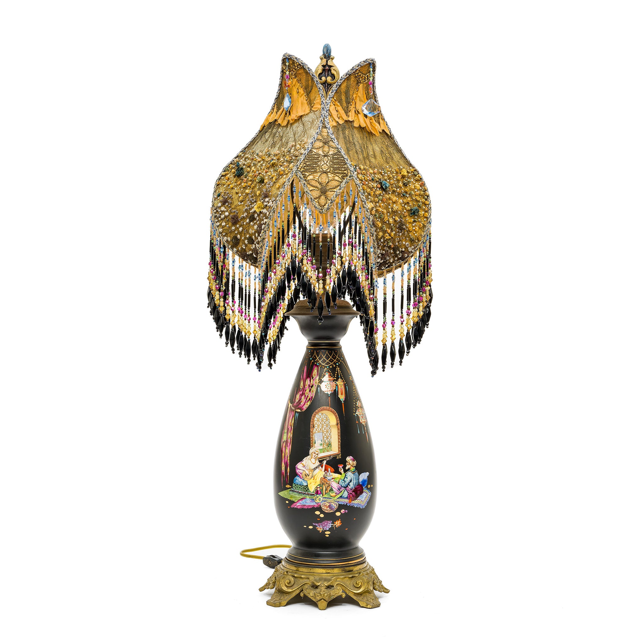 Hand-Embroidered Antique Lamp | Vintage Beaded Fringe Table Lamp ...