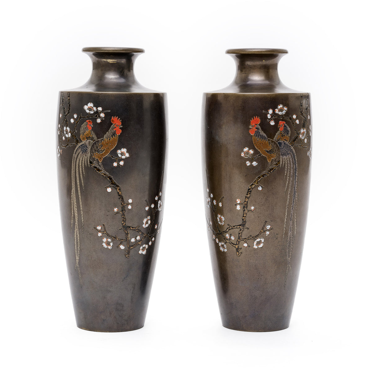Pair of Inlaid Bronze Vases with Cherry Blossom Design