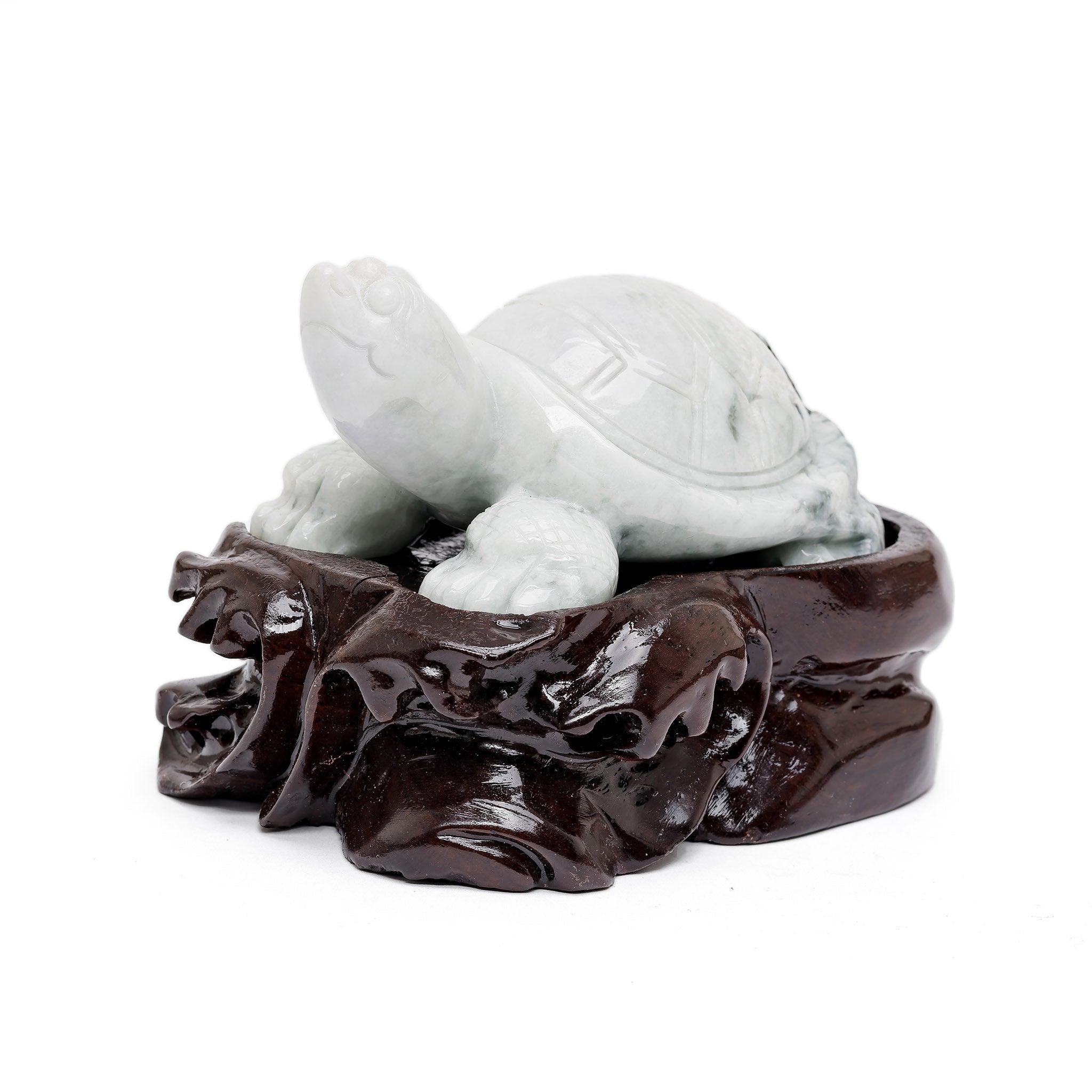 Small Jade Turtle Sculpture – Longevity Symbol on Wood Base – Regis Galerie